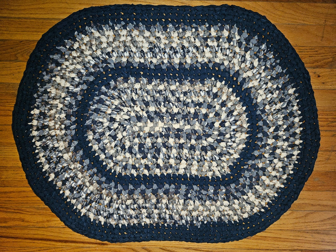 Handmade Crocheted Rag Rug in Dark Blue, Denim and White 33x25 - Etsy
