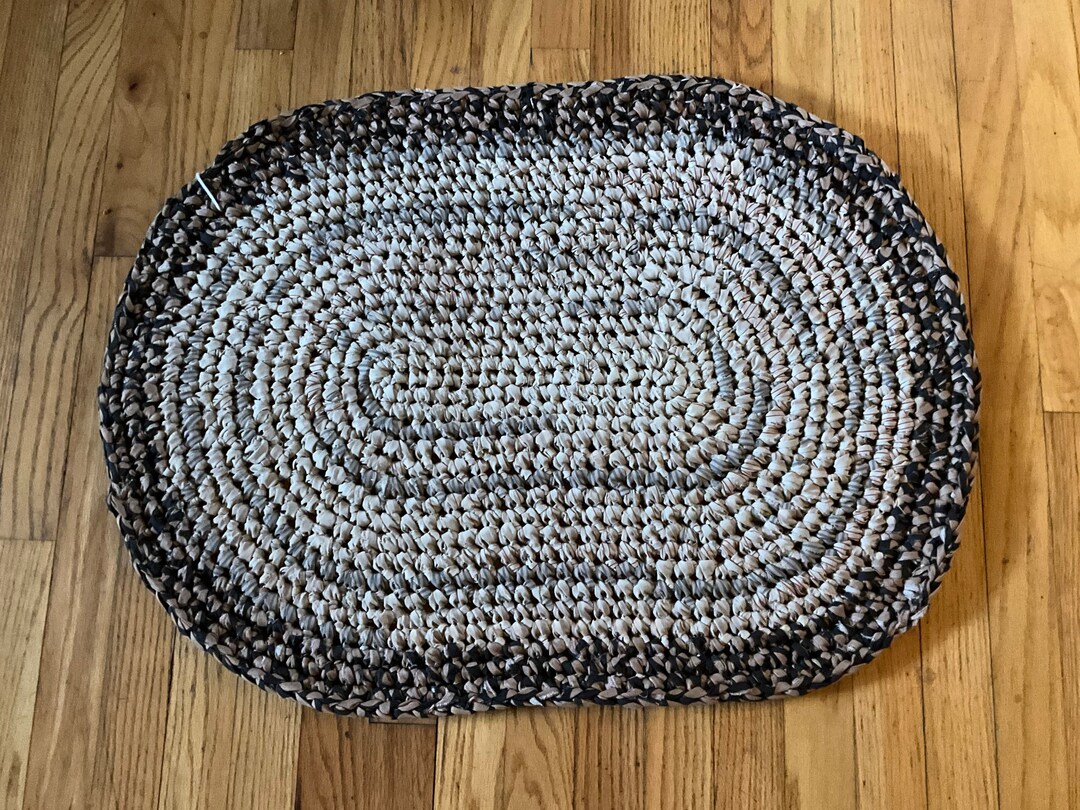 Handmade Crocheted Rag Rug in Black,tan,beige, With a Touch of Red and ...