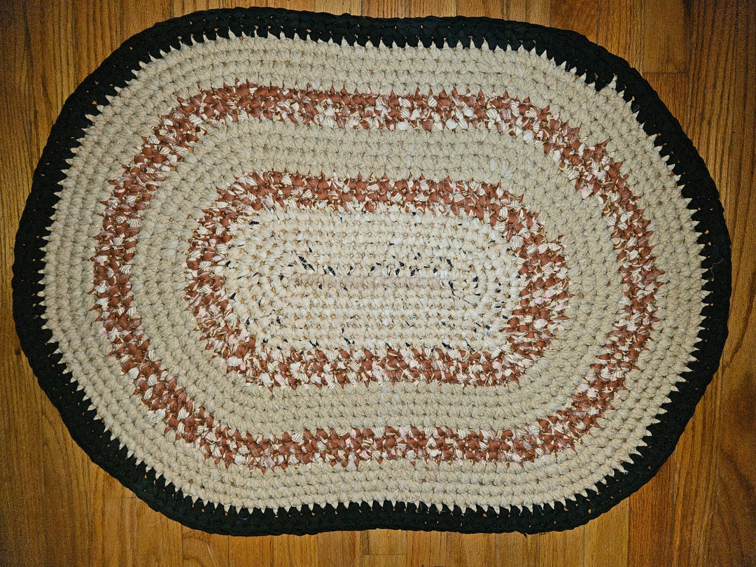 Handmade Crocheted Rag Rug in Tan, Brown, Flecks of Black With Black ...