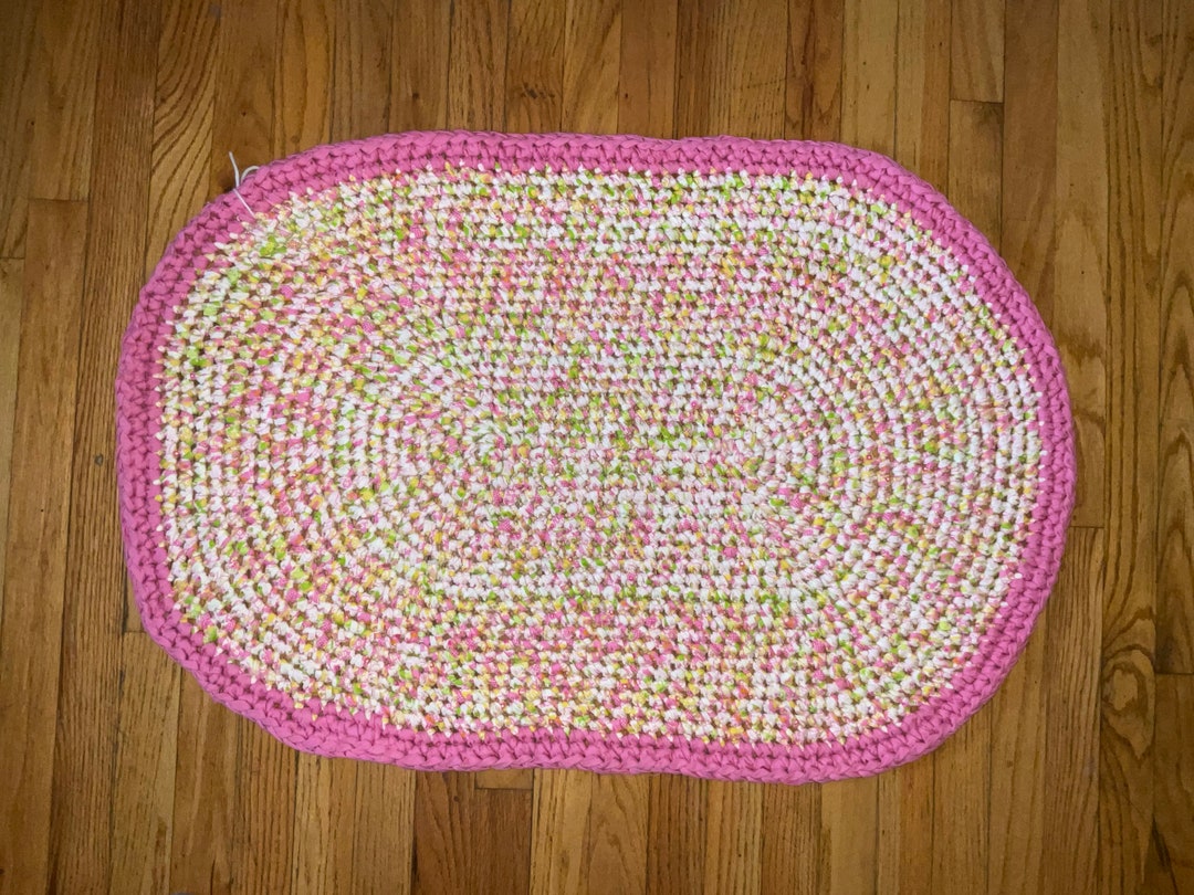 Handmade Crocheted Rag Rug in Pink,white,yellow, Green With Pink ...