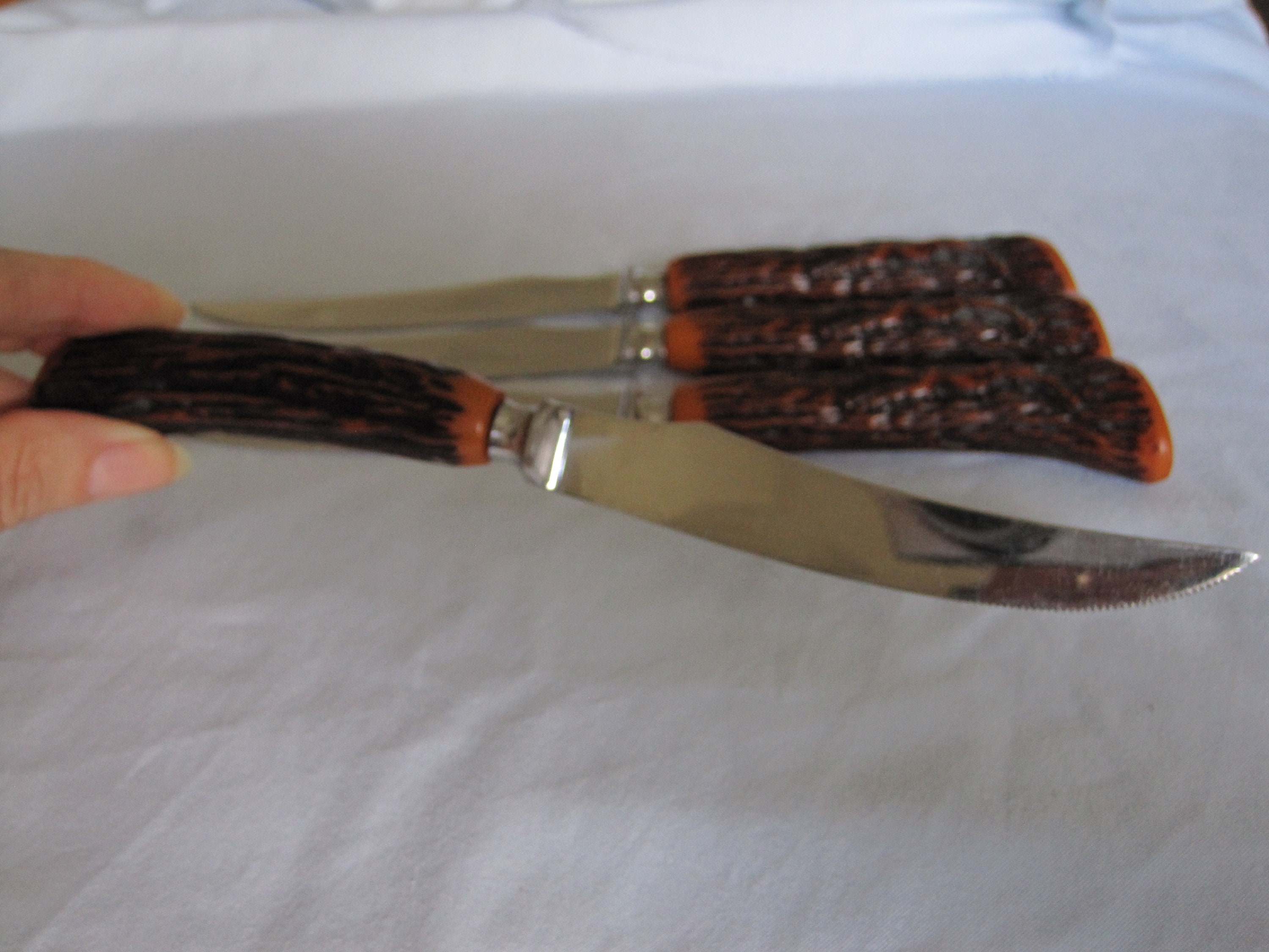 Rare Bakelite Carved Stag Handle Steak Knives, 4 in Like New Condition ...