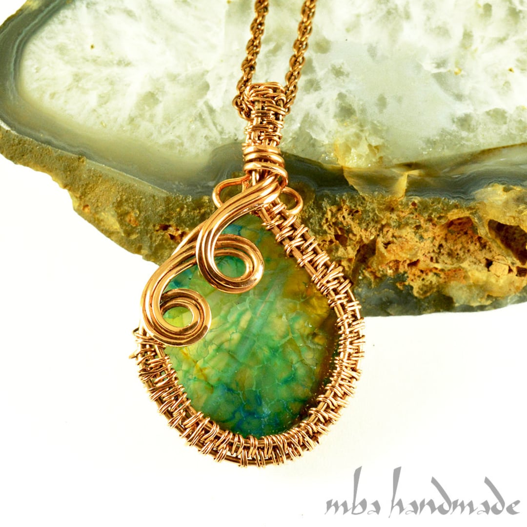 Green Agate Crystal Copper Wire Wrapped Pendant Handmade Jewelry by Mba ...