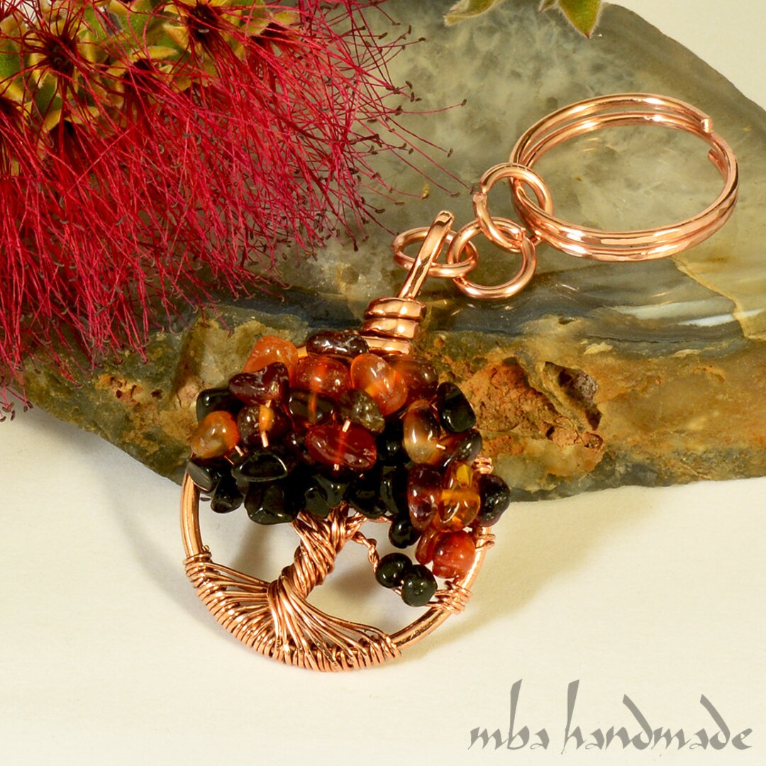Carnelian & Onyx Crystals Tree of Life Keychain Antiqued Copper Wire ...