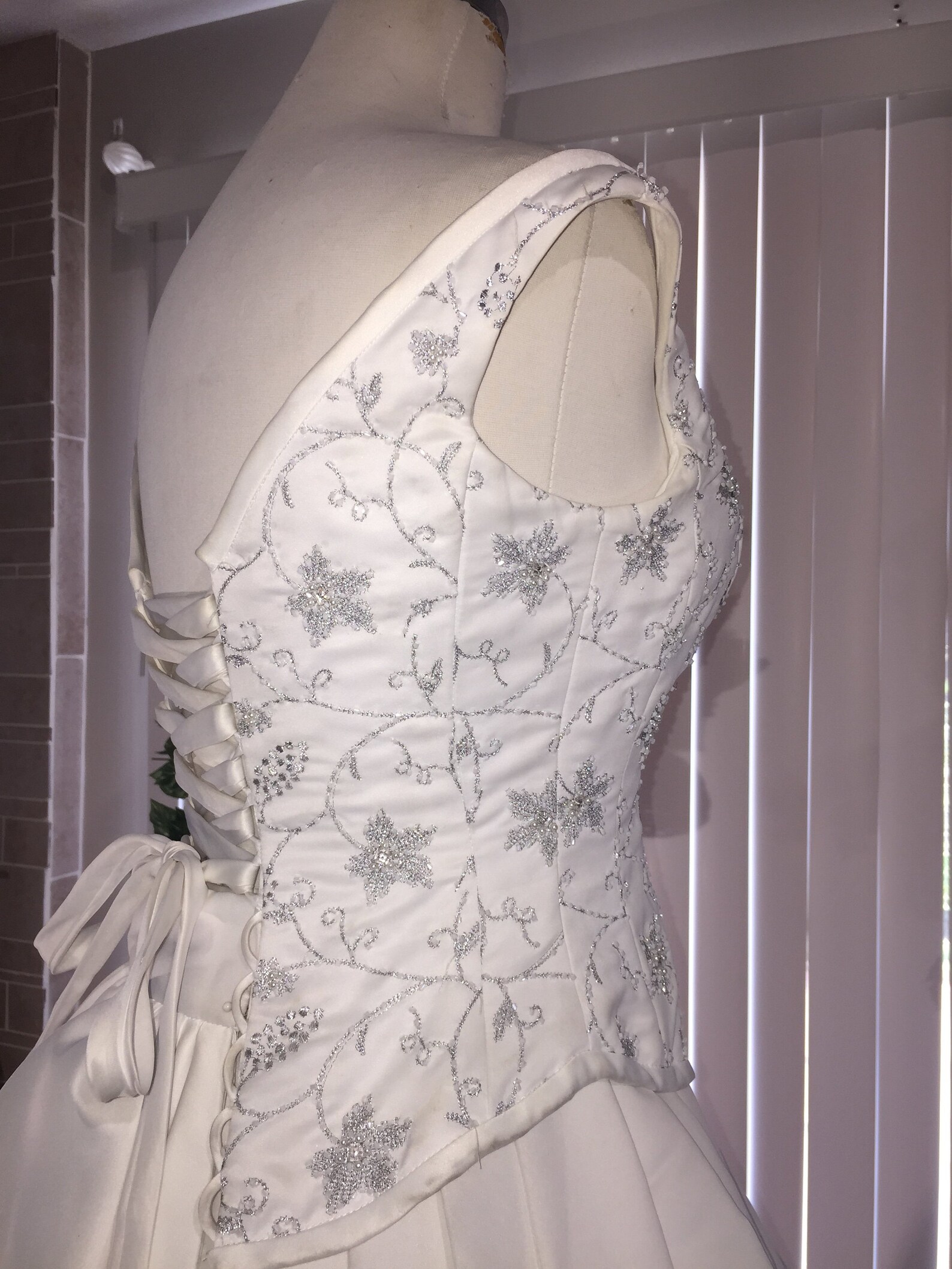 Elizabeth Chevron White Satin With Silver Embroidery 3 Pc. Wedding Gown ...