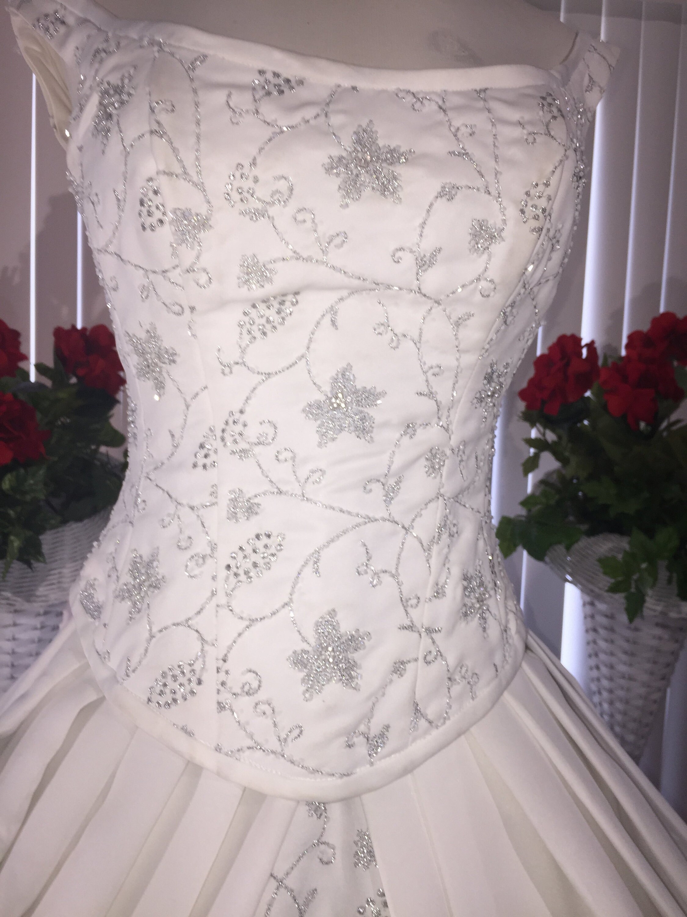 Elizabeth Chevron White Satin With Silver Embroidery 3 Pc. Wedding Gown ...