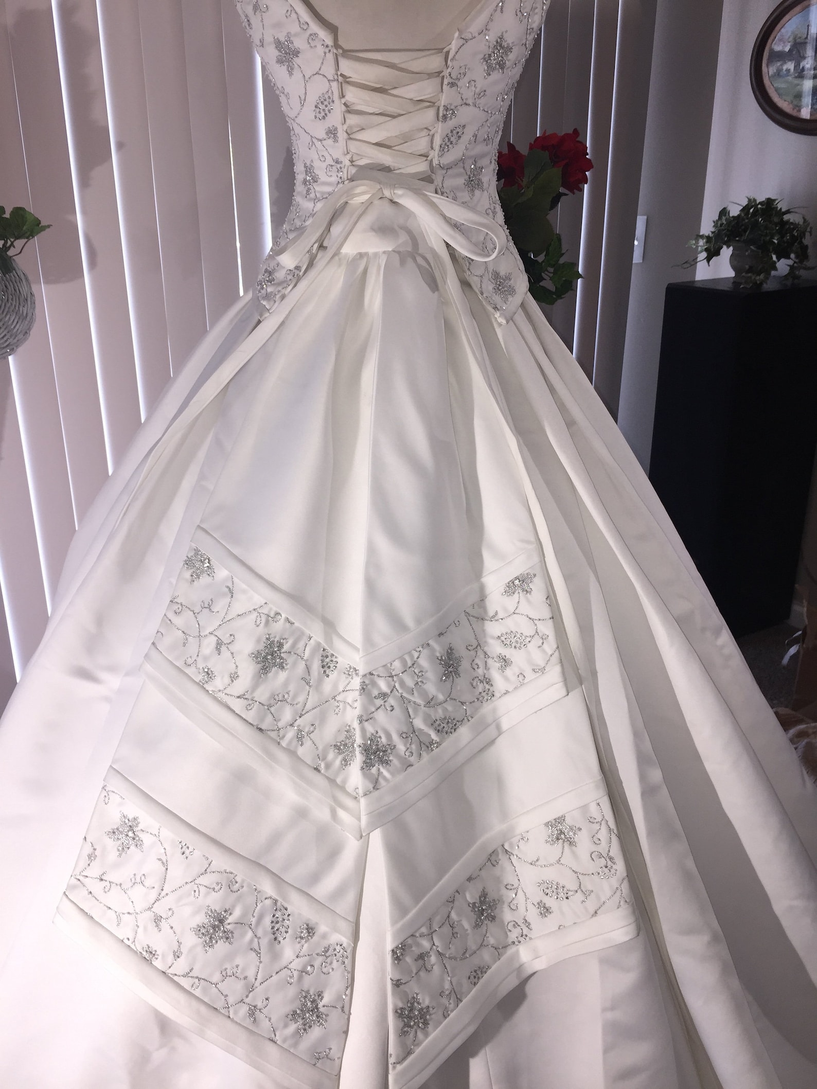 Elizabeth Chevron White Satin With Silver Embroidery 3 Pc. Wedding Gown ...