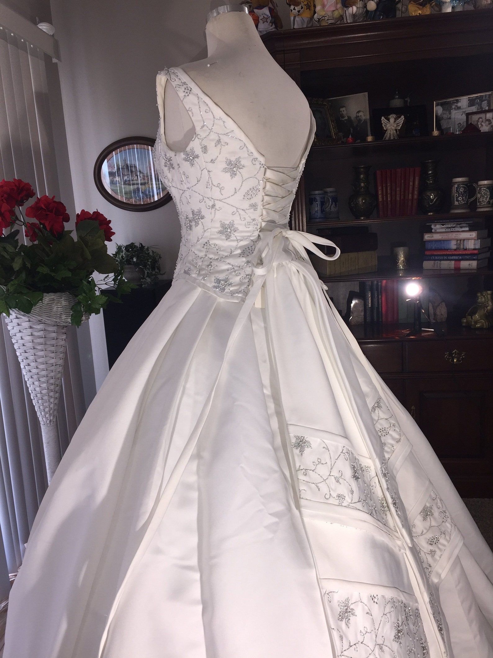 Elizabeth Chevron White Satin With Silver Embroidery 3 Pc. Wedding Gown ...