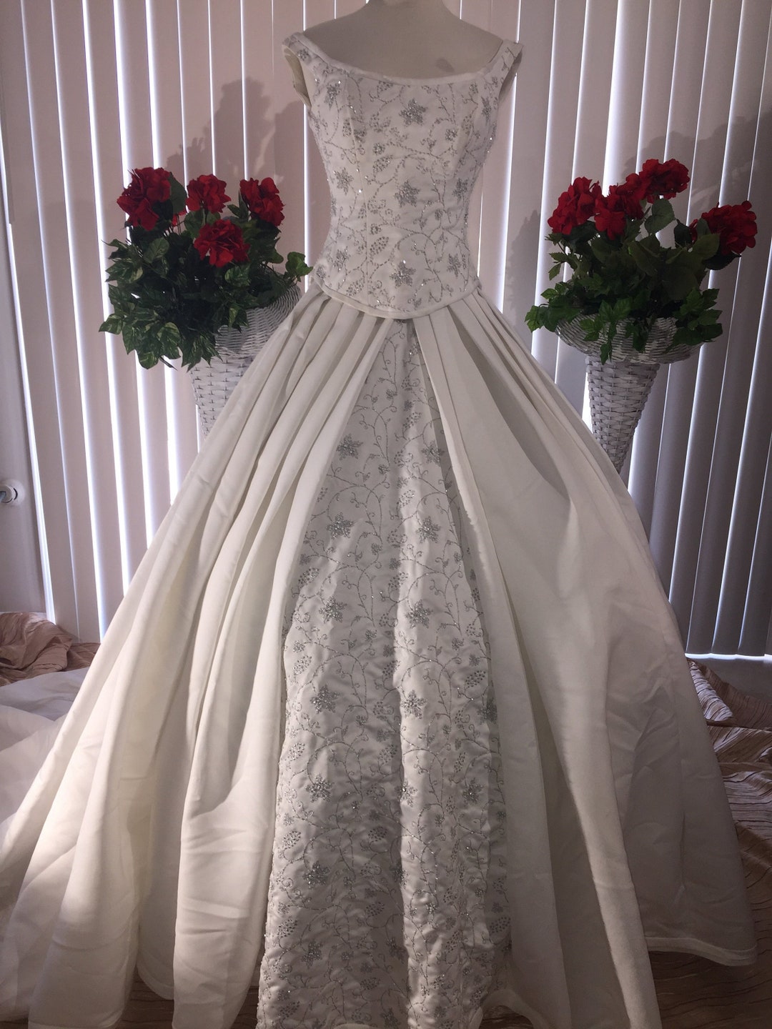 Elizabeth Chevron White Satin With Silver Embroidery 3 Pc. Wedding Gown ...