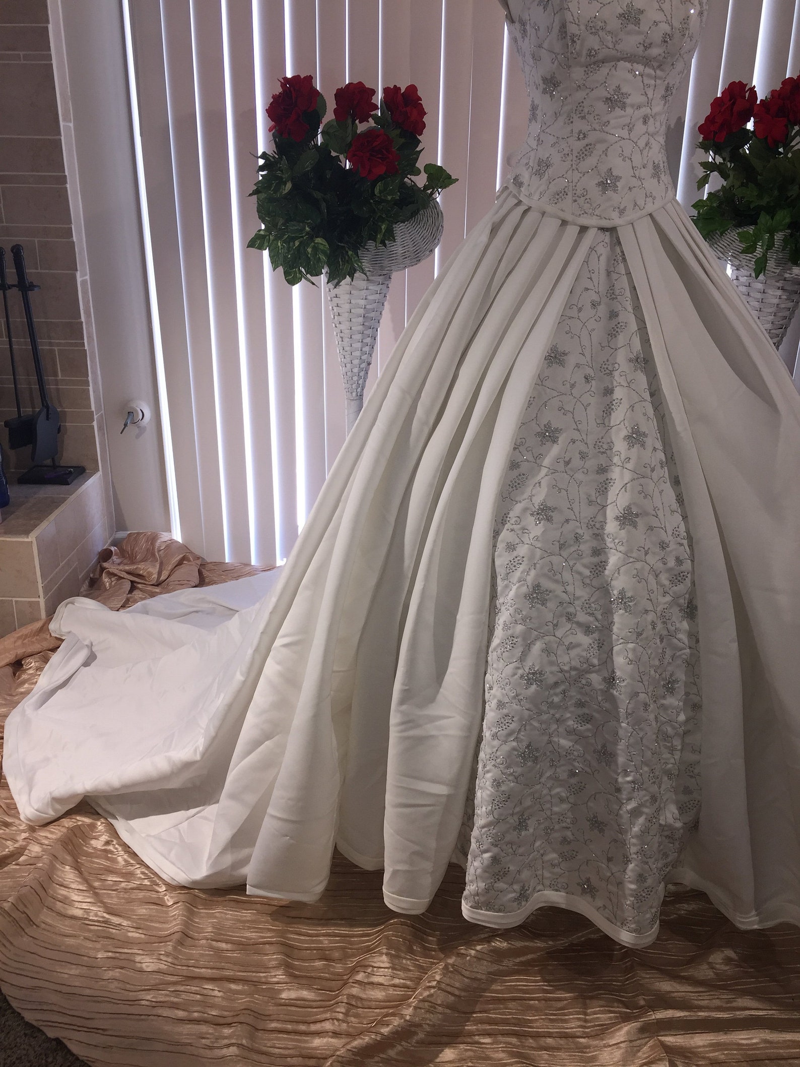 Elizabeth Chevron White Satin With Silver Embroidery 3 Pc. Wedding Gown ...