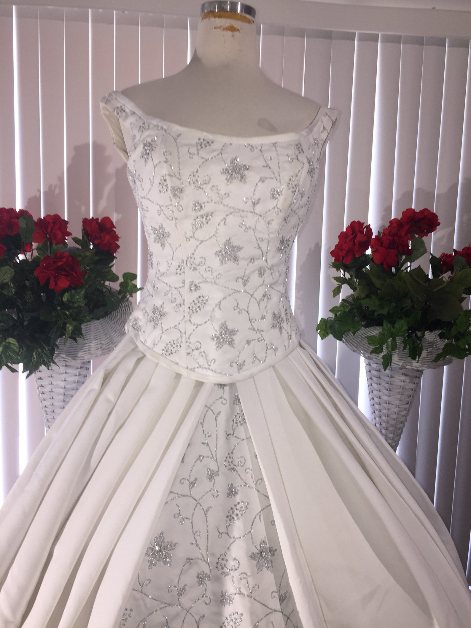 Elizabeth Chevron White Satin With Silver Embroidery 3 Pc. Wedding Gown ...