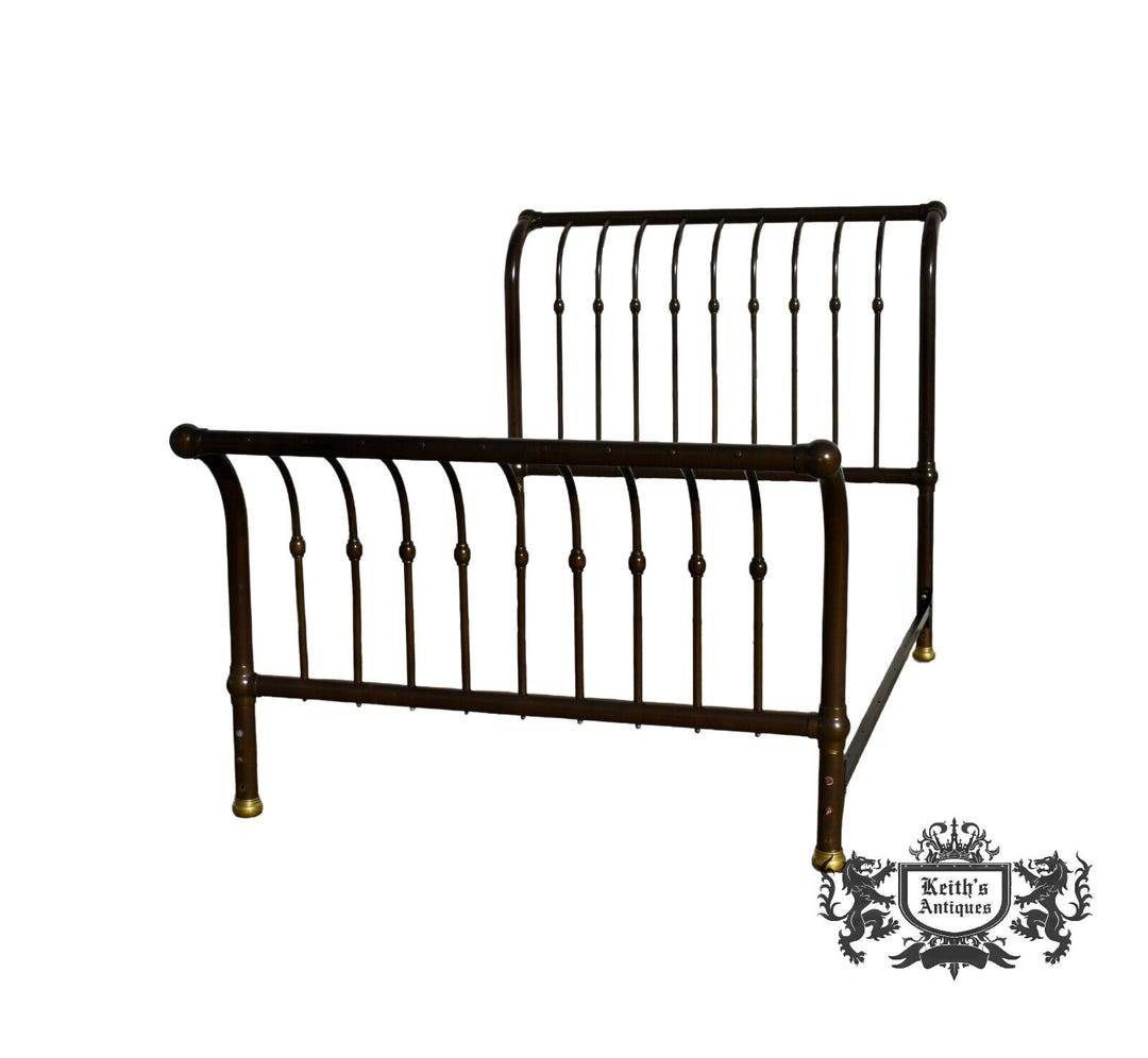 Unique Vintage Bronze Full Size Signed Sleigh Bed W Brass Capped Feet Etsy