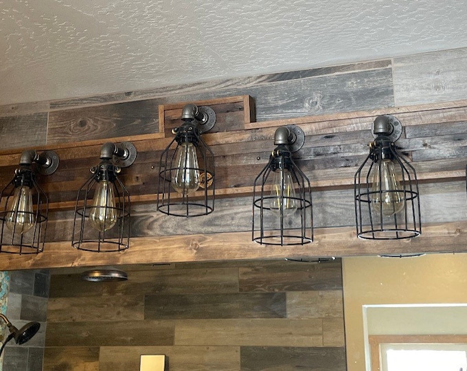 Bathroom Set RUSTIC DISTRESSED Farmhouse Mirror and Cage Light Fixture ...