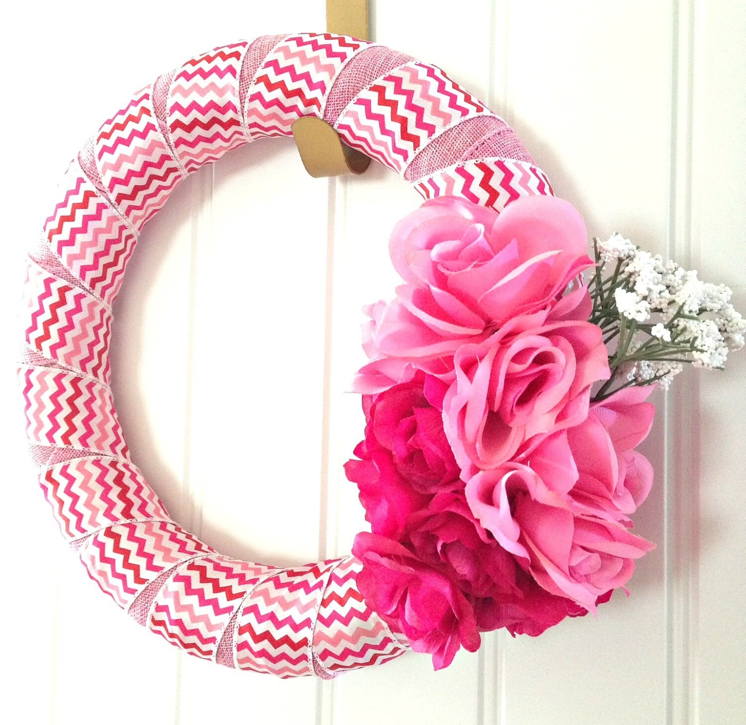12" Pink Chevron and Pink Ribbon Wrapped Foam Wreath With Flowers/door ...