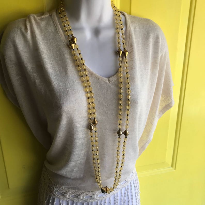 Extra Long Vintage Beaded Necklace // Double Strand Necklace // Yellow ...