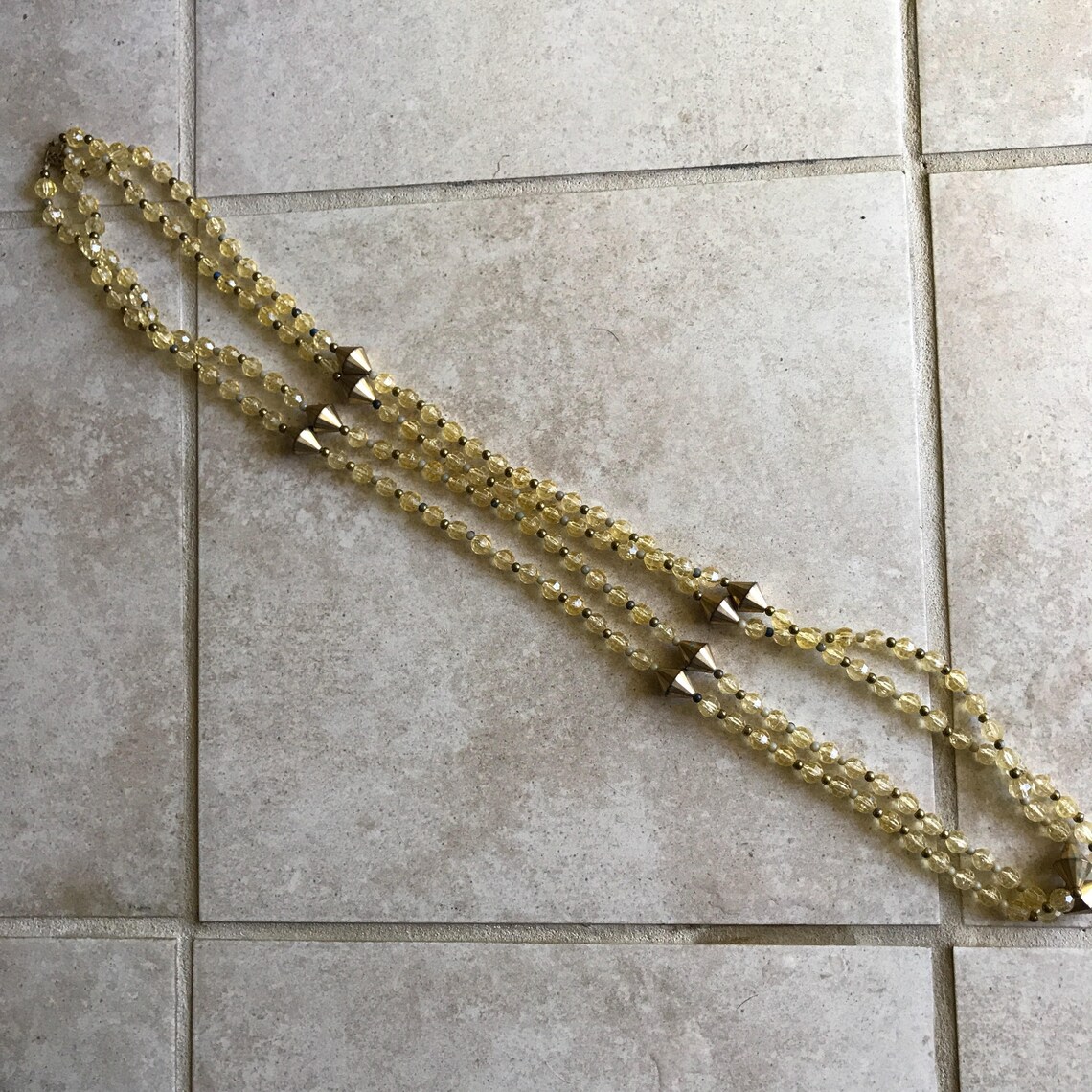 Extra Long Vintage Beaded Necklace // Double Strand Necklace // Yellow ...