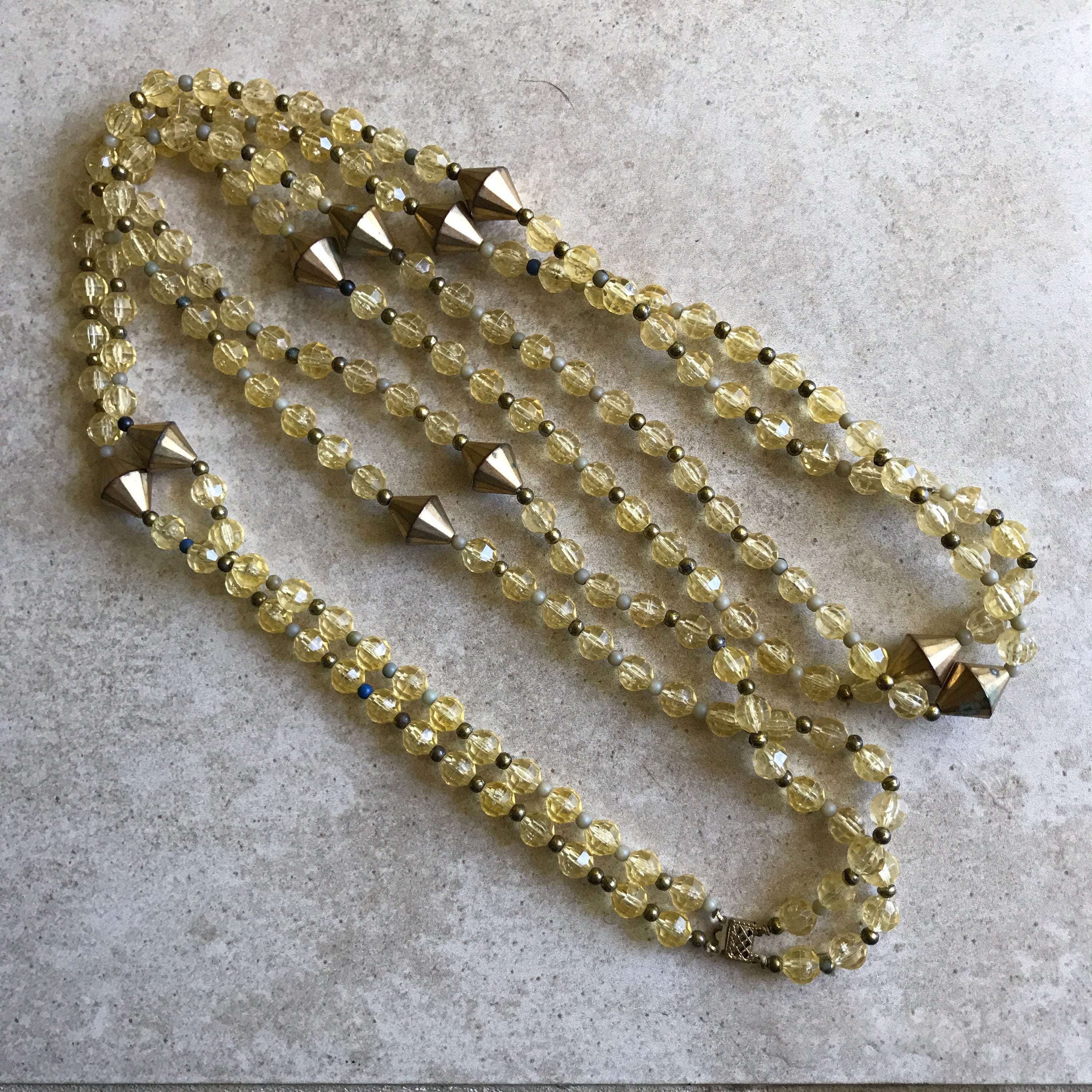 Extra Long Vintage Beaded Necklace // Double Strand Necklace // Yellow ...