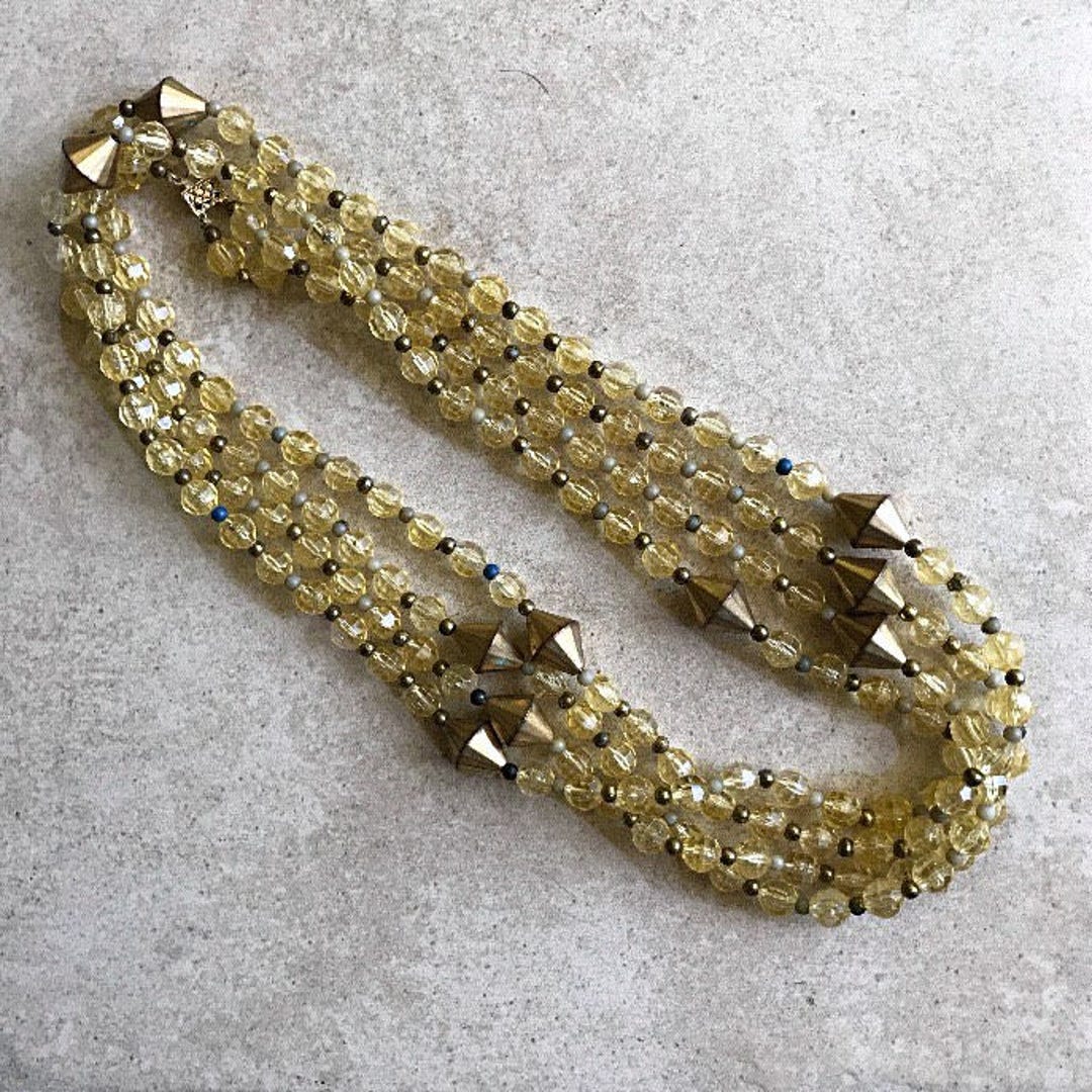 Extra Long Vintage Beaded Necklace // Double Strand Necklace // Yellow ...