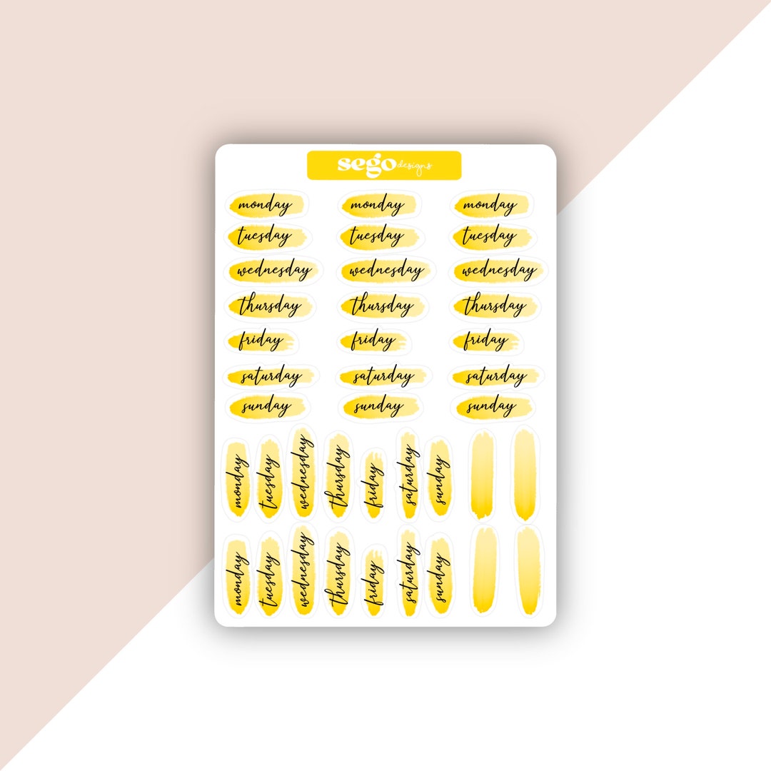 Yellow Watercolor Days of the Week Stickers, Yellow Days of the Week ...
