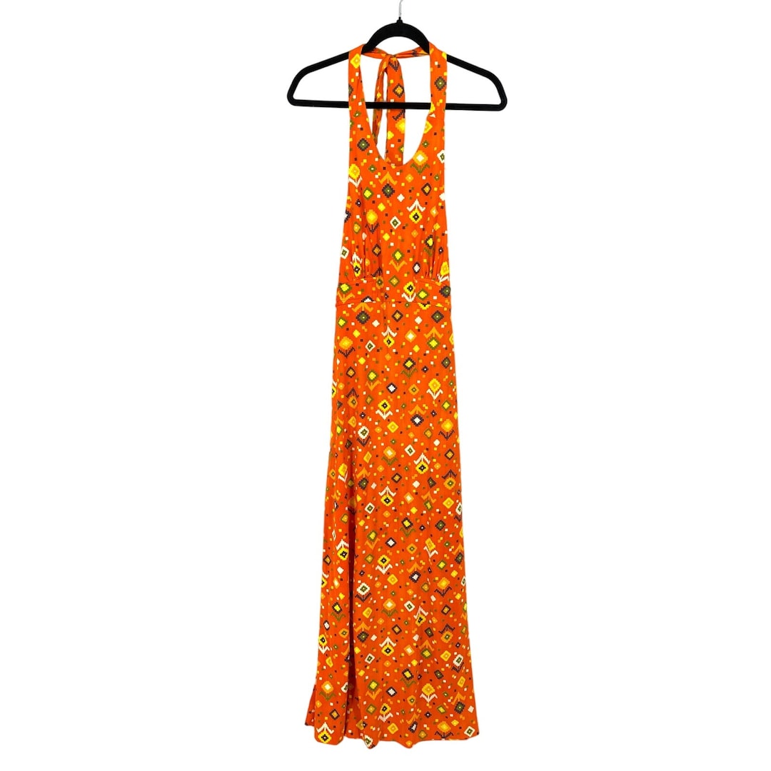 VTG 70s Sears Jr Bazaar Halter Neck Dress Sz XS/S Orange Geometric ...