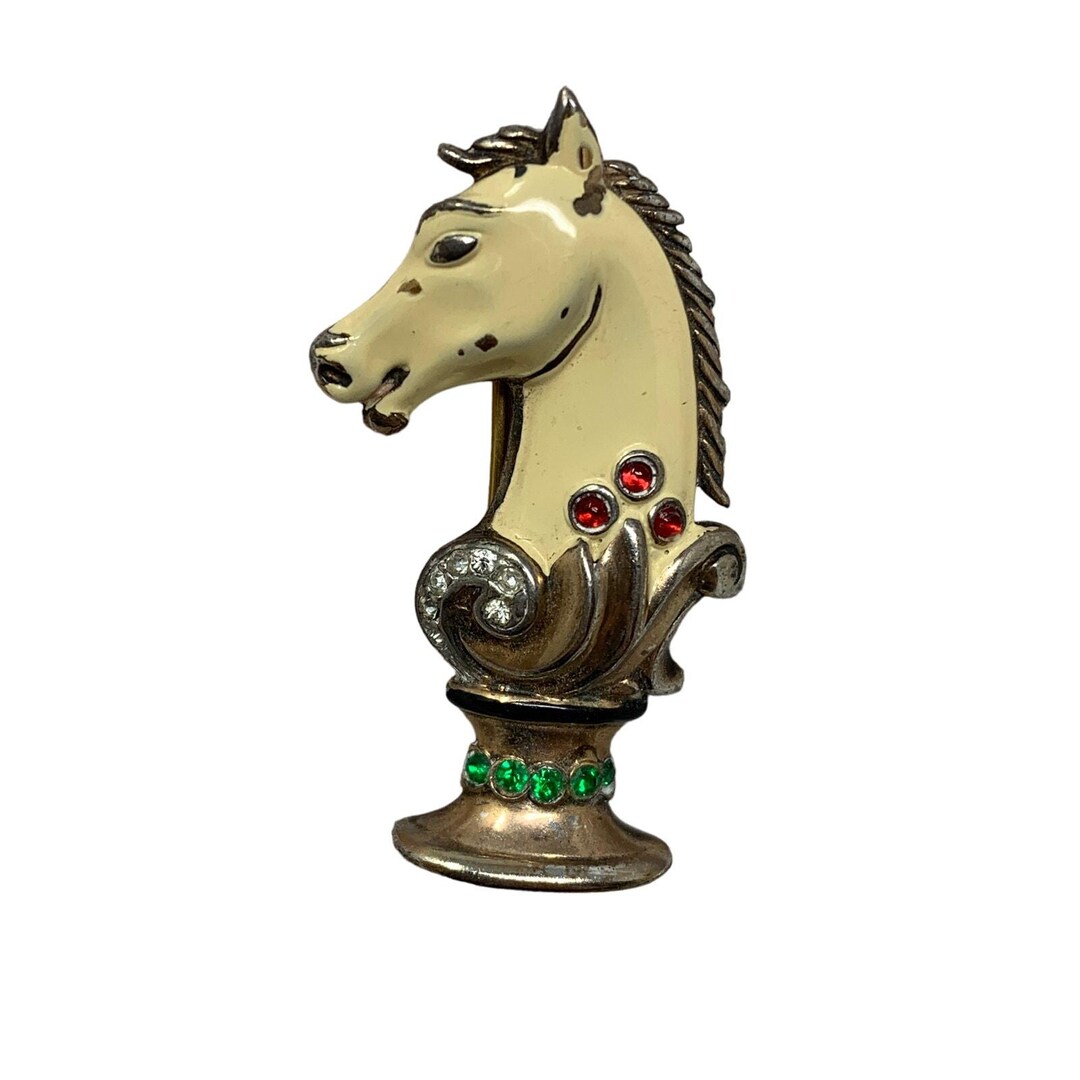 VTG Crown Trifari Alfred Philippe Fur Clip Sterling Enamel Chess Horse ...