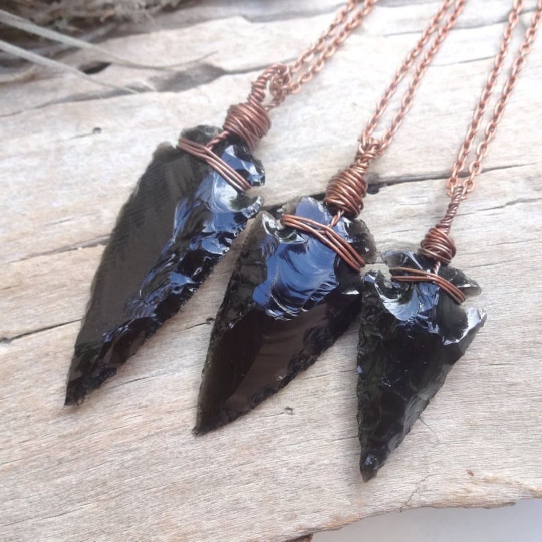 Black Obsidian Arrowhead Pendant, Wire Wrap Protection Necklace, Mens ...