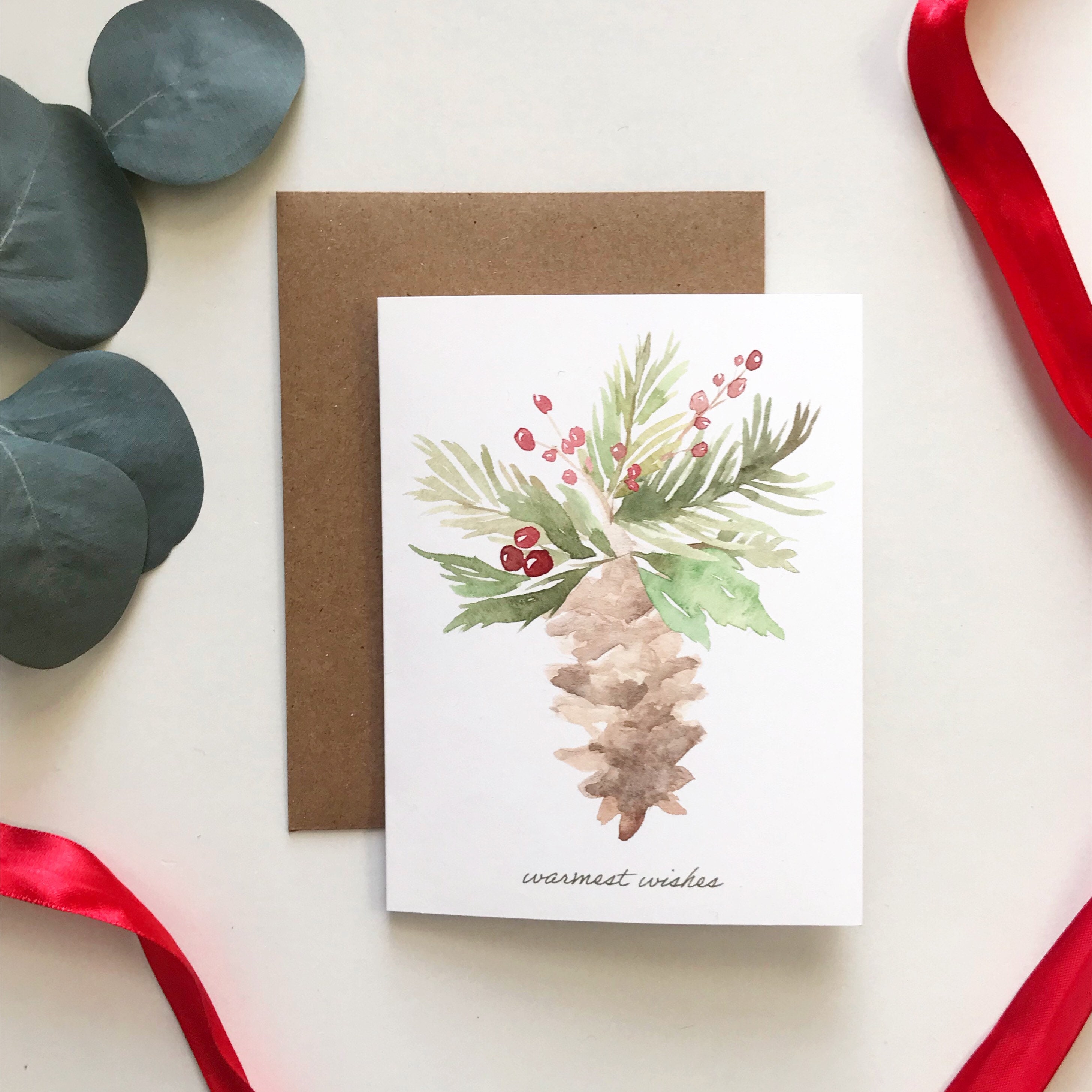 Rustic Winter Holiday Card, Watercolor Christmas Greeting Card - Etsy