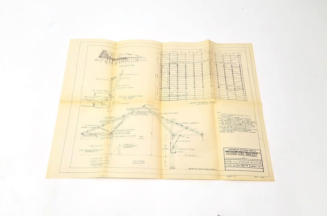 Vintage 1960 Hay Storage Building Blueprint USDA Architecture Drawing ...