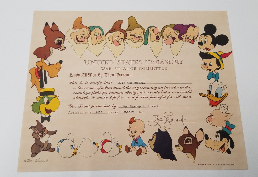 Vintage 1944 Walt Disney United States Treasury War Finance Committee ...