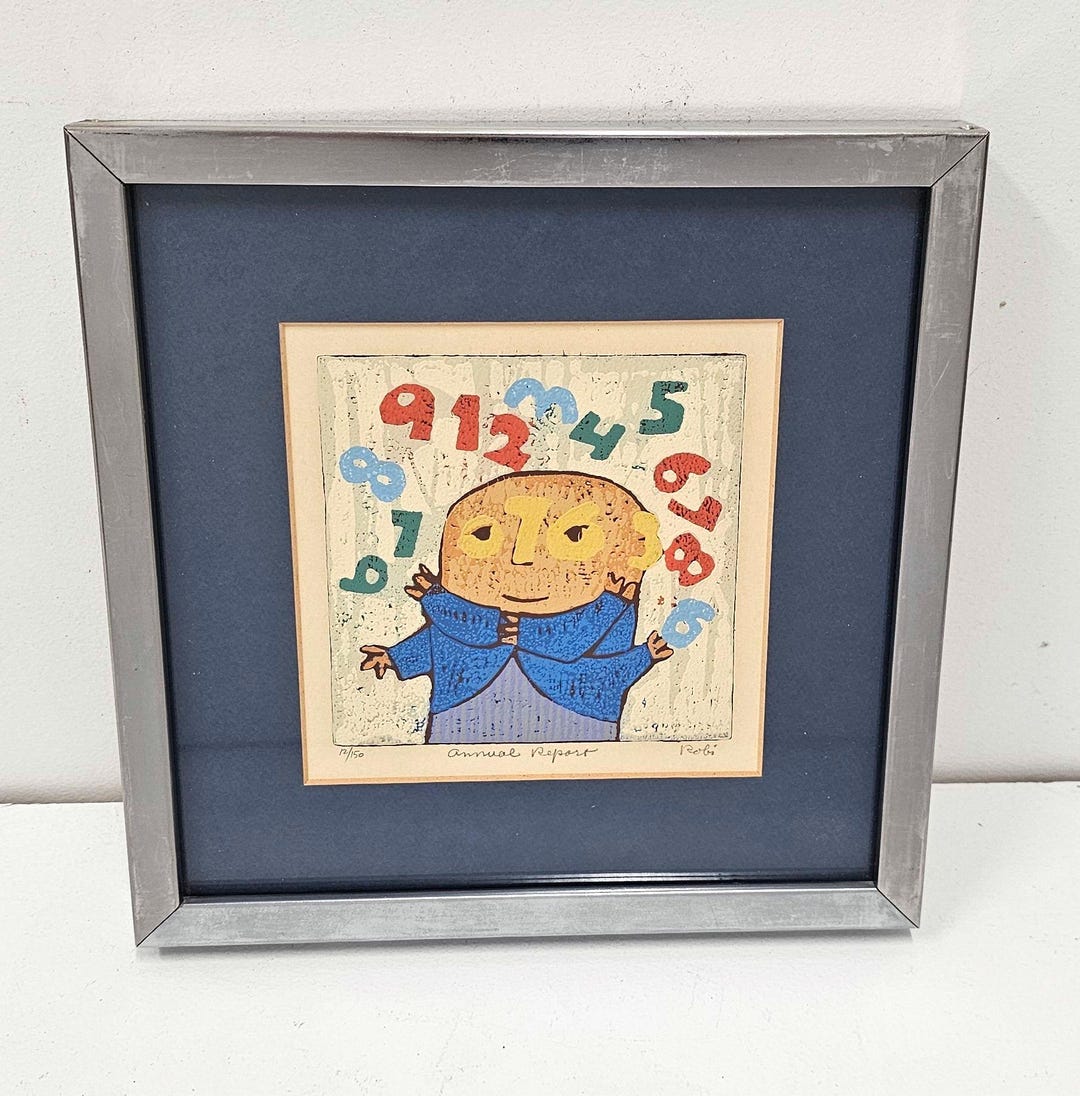 Vintage Al Robi Original Woodcut Print Annual Report Numbers - Juggling ...