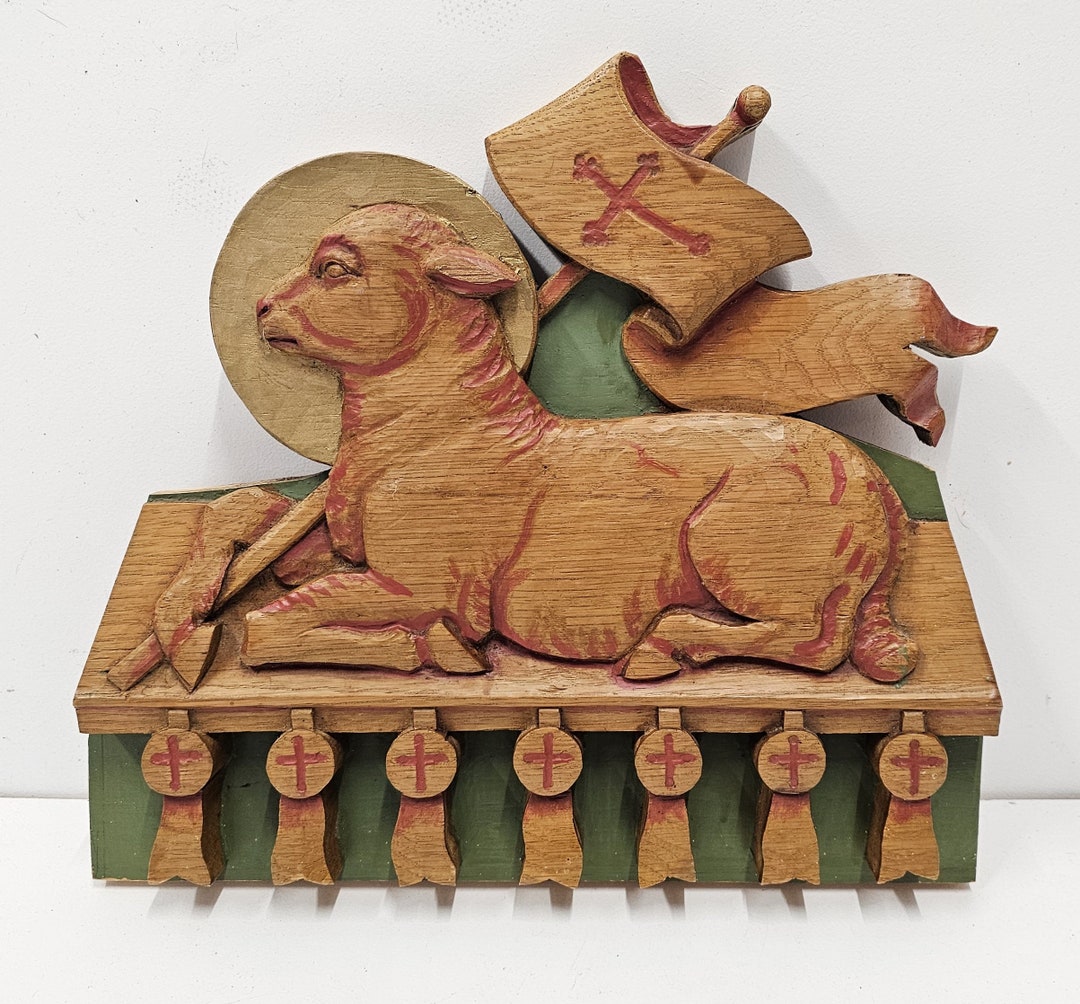 Vintage Lamb of God Hand-carved Oak Relief Sculpture Altarpiece ...