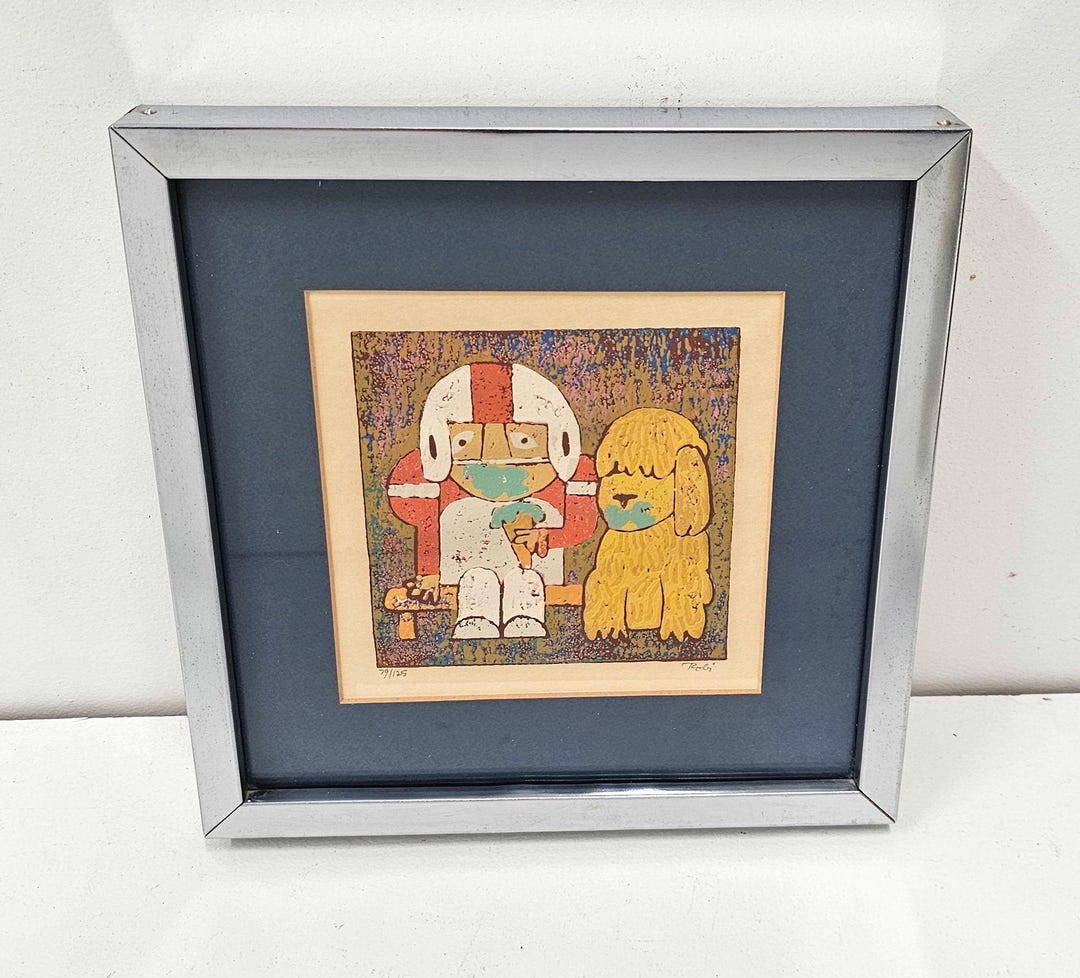 Vintage Al Robi Original Woodcut Print Football Player and Dog - Eating ...