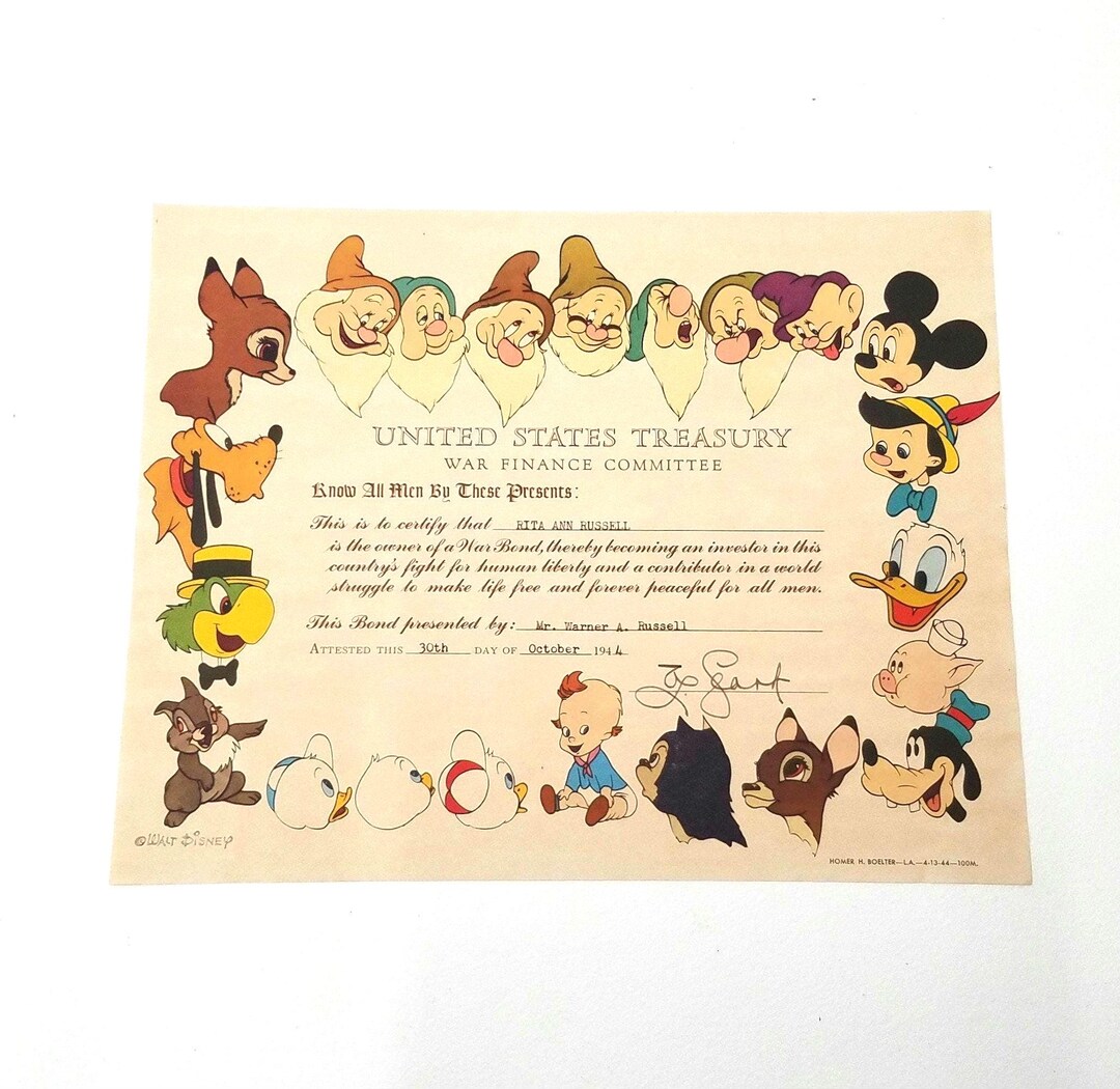 Vintage 1944 Walt Disney United States Treasury War Finance Committee ...