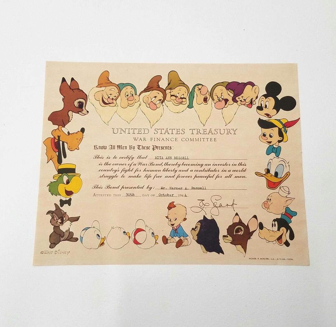 Vintage 1944 Walt Disney United States Treasury War Finance Committee ...