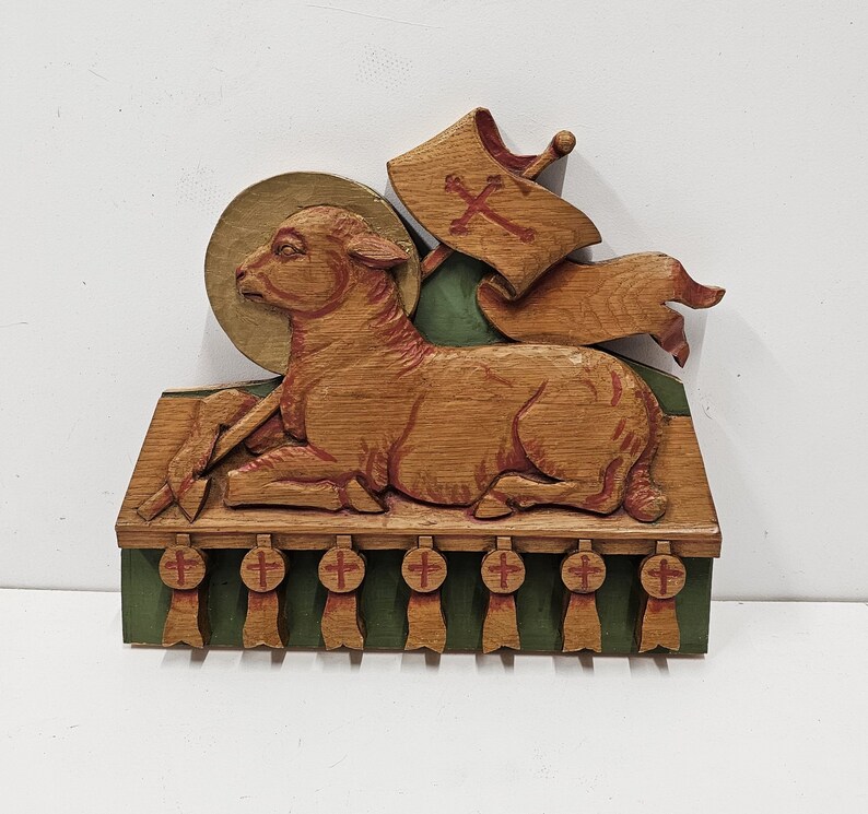Vintage Lamb of God Hand-carved Oak Relief Sculpture Altarpiece Paschal ...