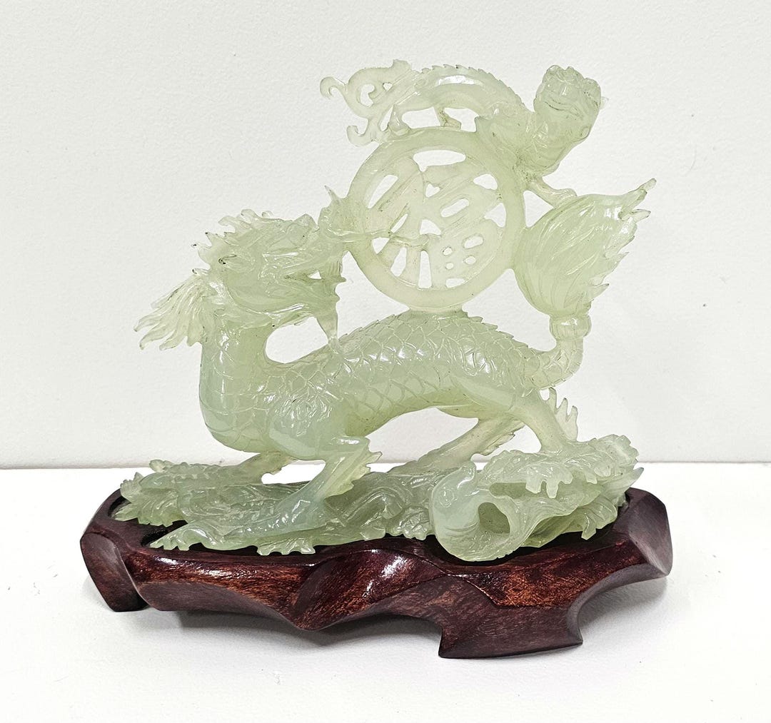 Vintage Hand Carved Jade Dragon Sculpture With Solid Wood Base - Etsy