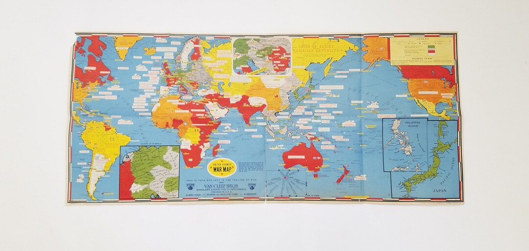 Vintage World War II Dated Events War Map in Color Printed by Shaw ...