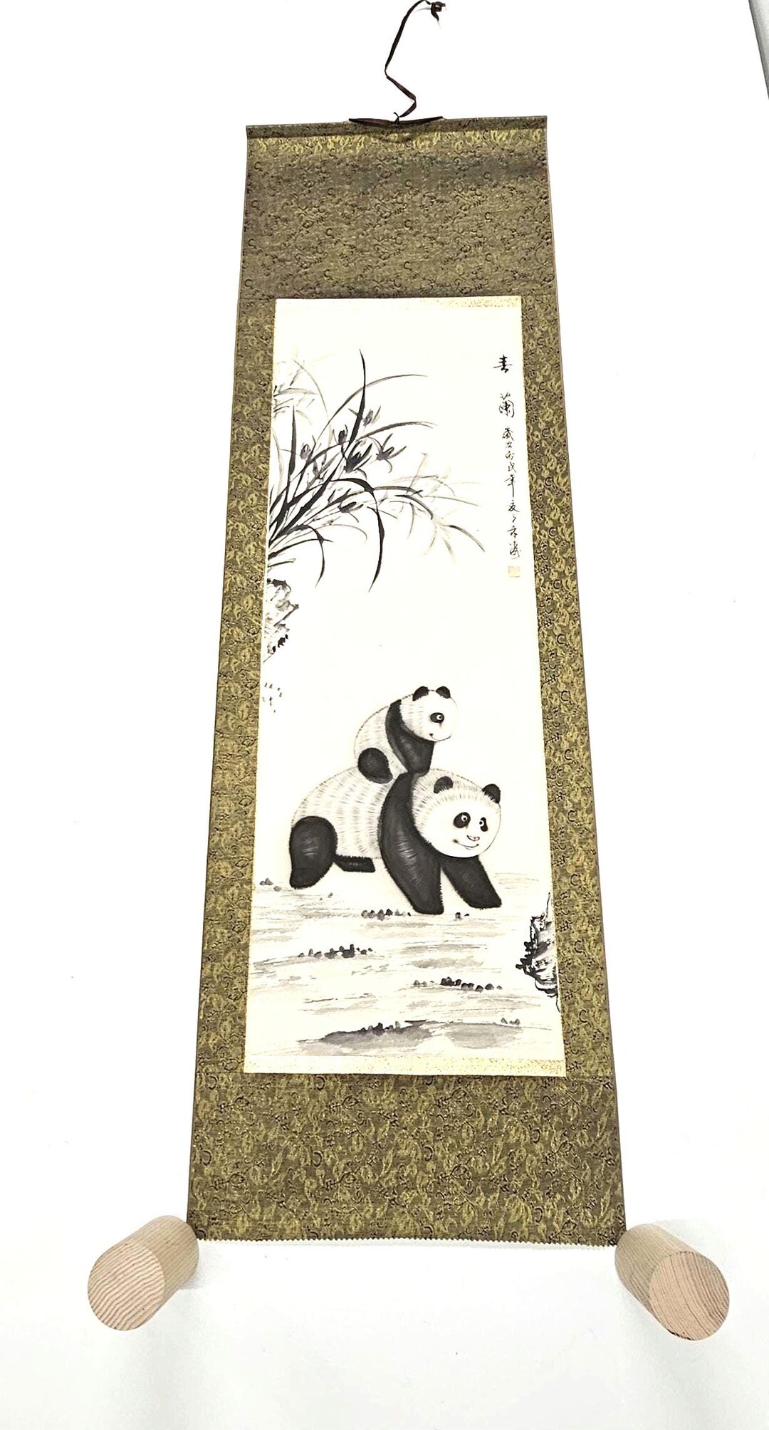 Vintage Hand-painted Panda Bears Scroll Art - Etsy