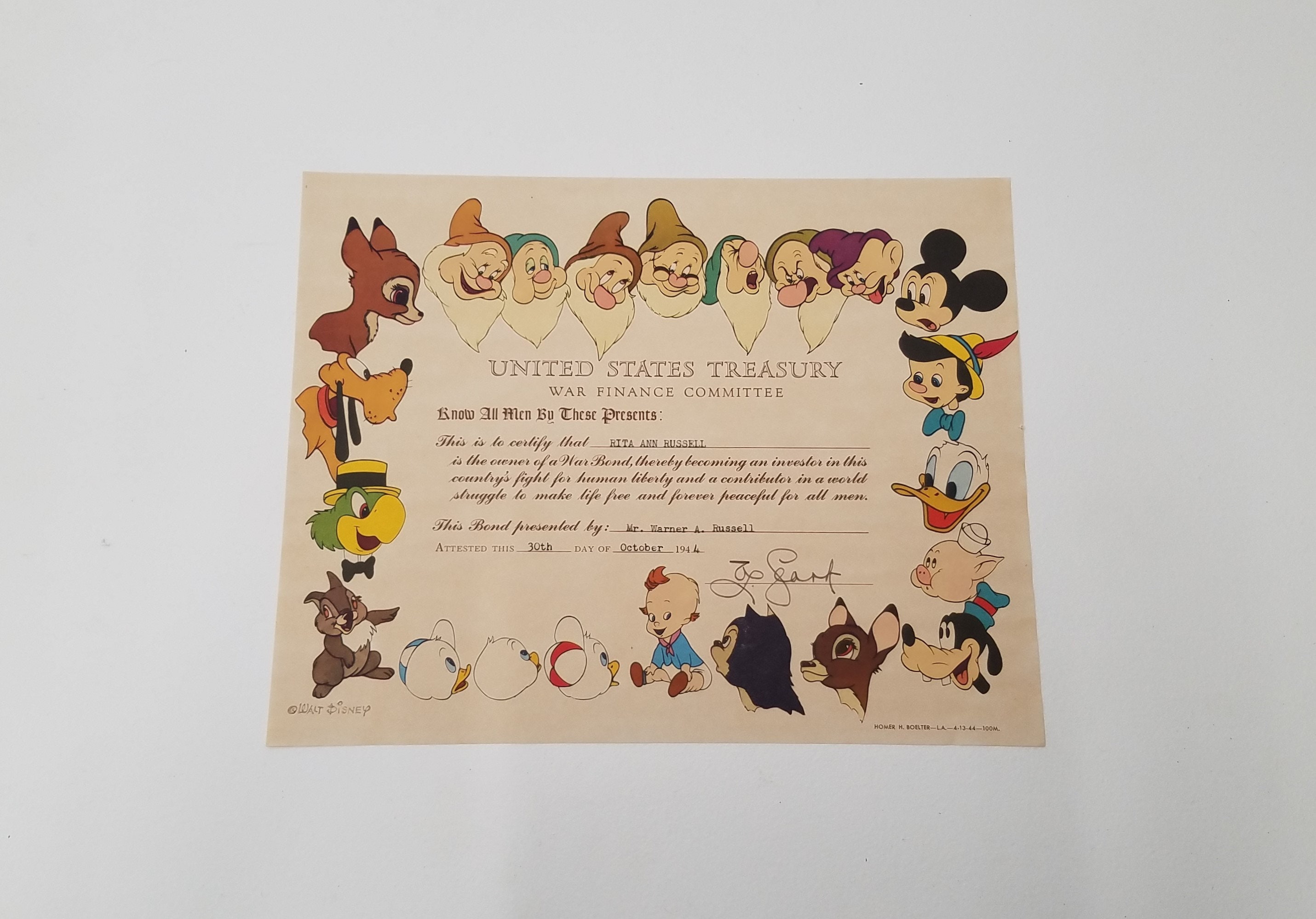 Vintage 1944 Walt Disney United States Treasury War Finance Committee ...
