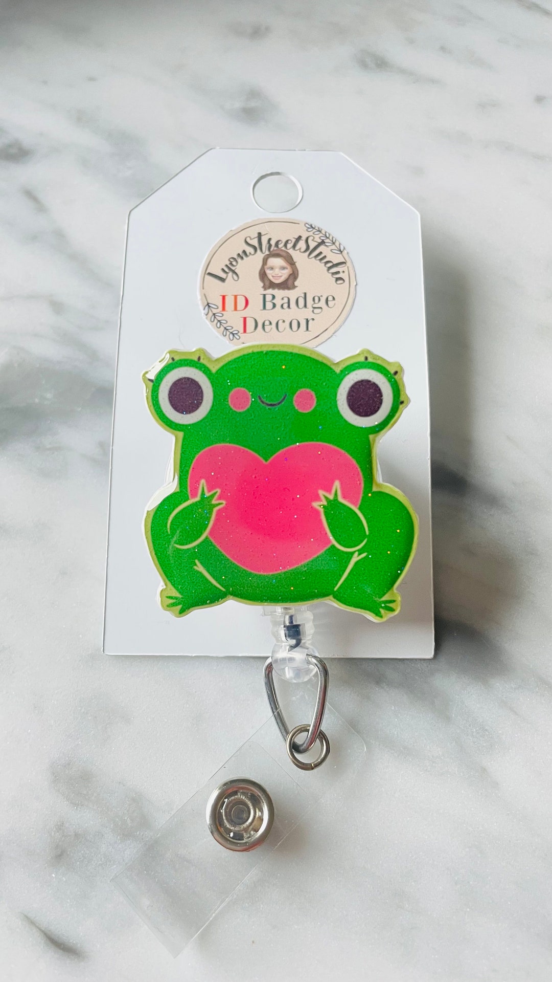 Frog ID Badge Reel: Green Froggy With Pink Heart - Etsy