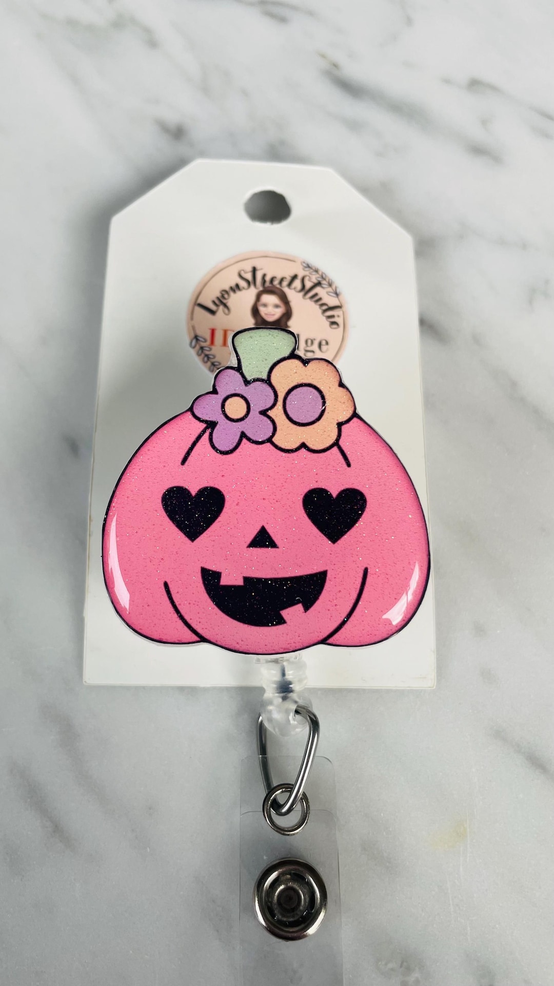 Pink Pumpkin ID Badge Reel: Floral Topped, Glitter Resin - Etsy Australia