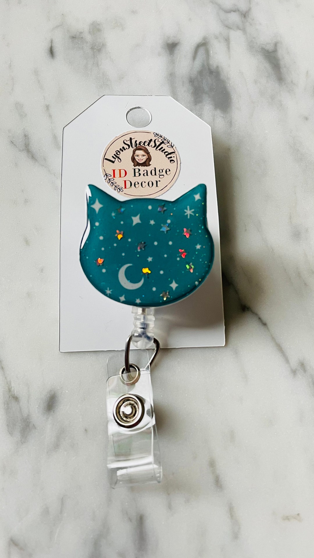 Teal Blue Moon and Stars Cat ID Badge Reel: Celestial Kitty - Etsy