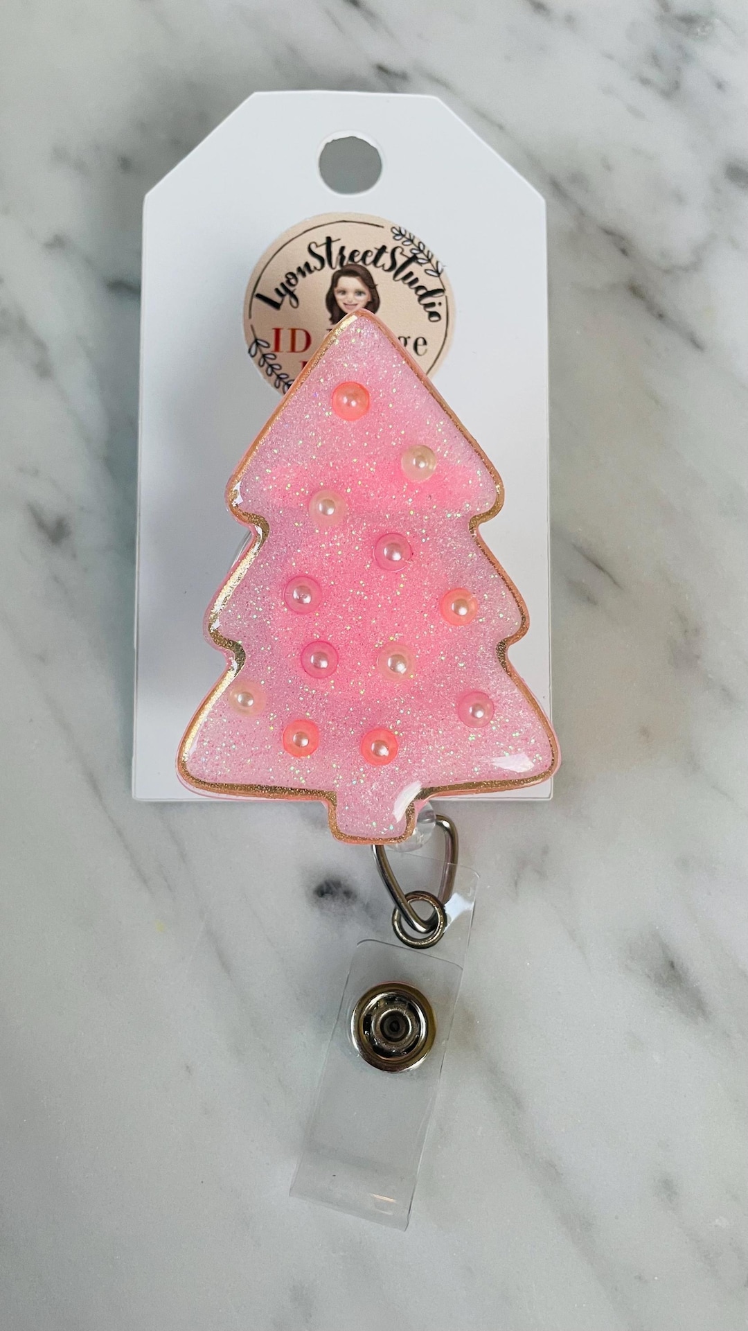Pink Glitter Christmas Tree Badge Reel: Pearl Ornaments - Etsy