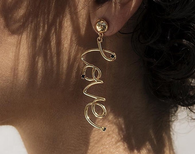Love Copper Alloy Cursive Word Dangle Earrings With Black Rhinestone ...