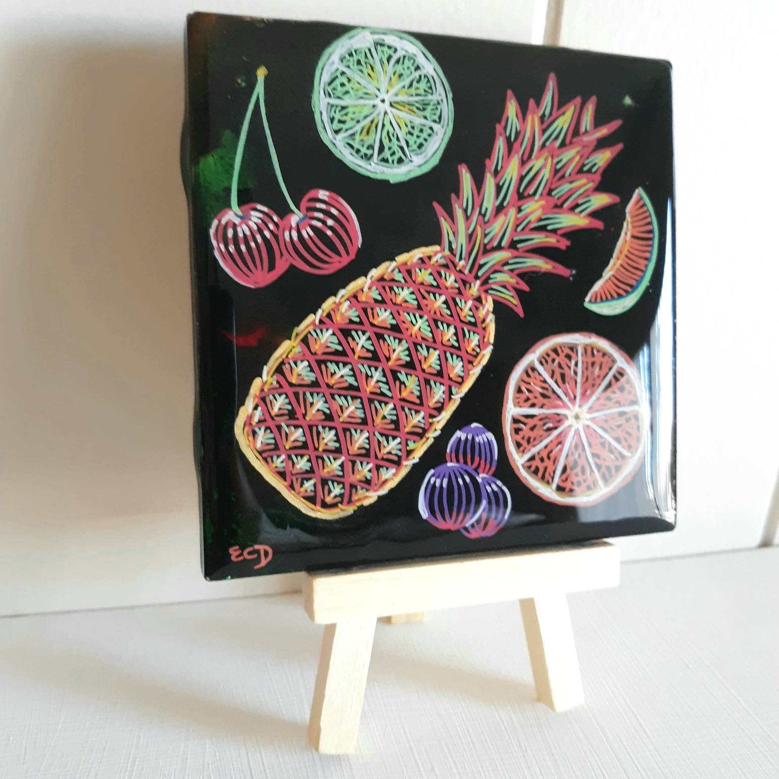 Fruit Drawing Resin Ceramic Art Tile,4.25" X 4.25" Art Tile,original ...