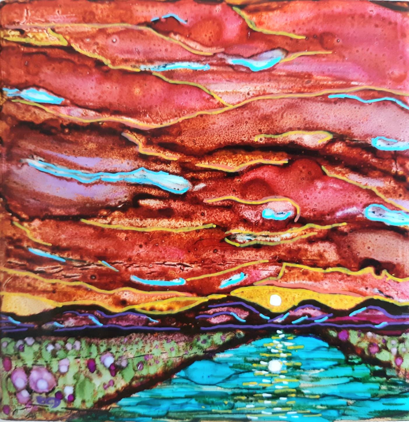 Handmade Abstract River Landscape Ceramic Art Tile Coaster, River Art ...