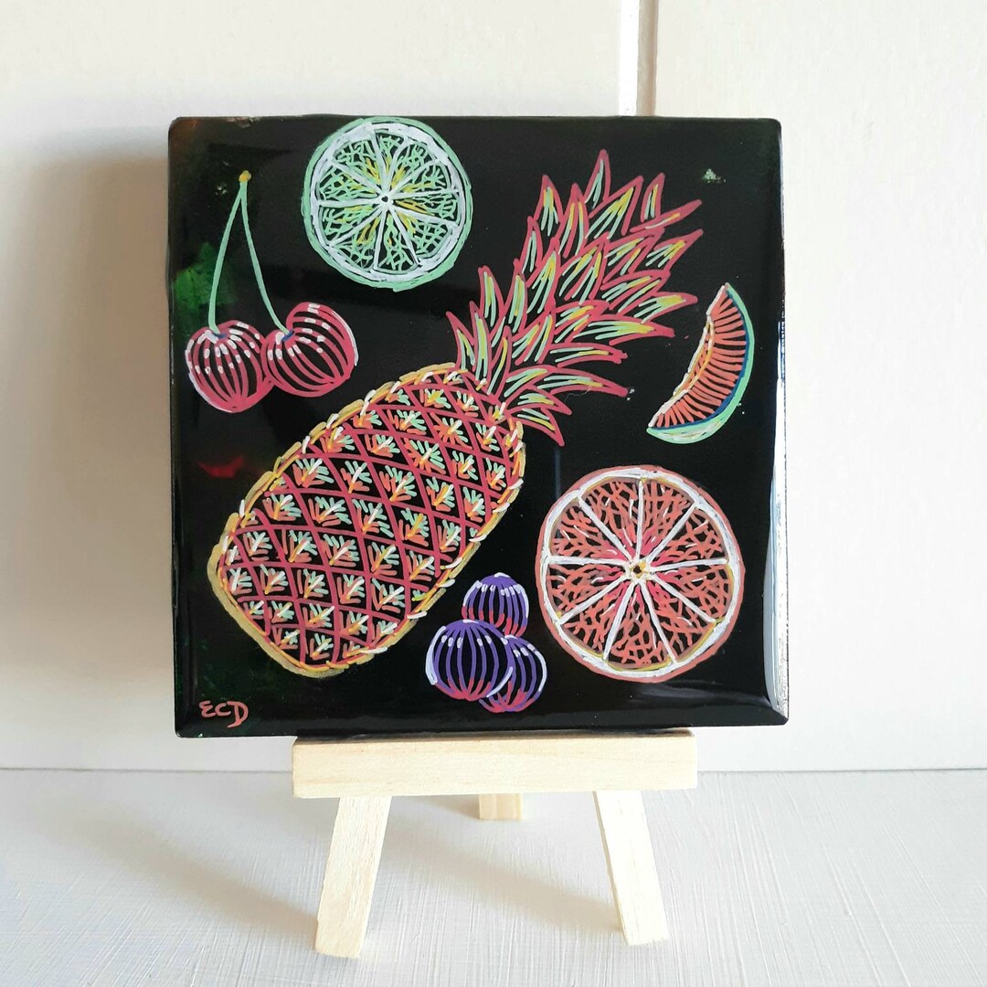 Fruit Drawing Resin Ceramic Art Tile,4.25" X 4.25" Art Tile,original ...