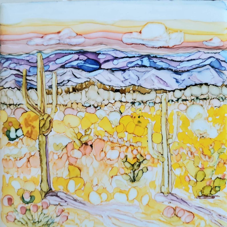 Desert Landscape Ceramic Art Tile, 4.25 X 4.25 Art Tile Coaster, Desert ...