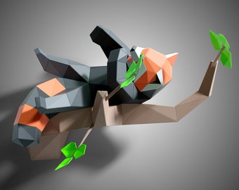 Red Panda Lazy in a Tree Paper Sculpture, Pre-cutting DIY Papercraft ...
