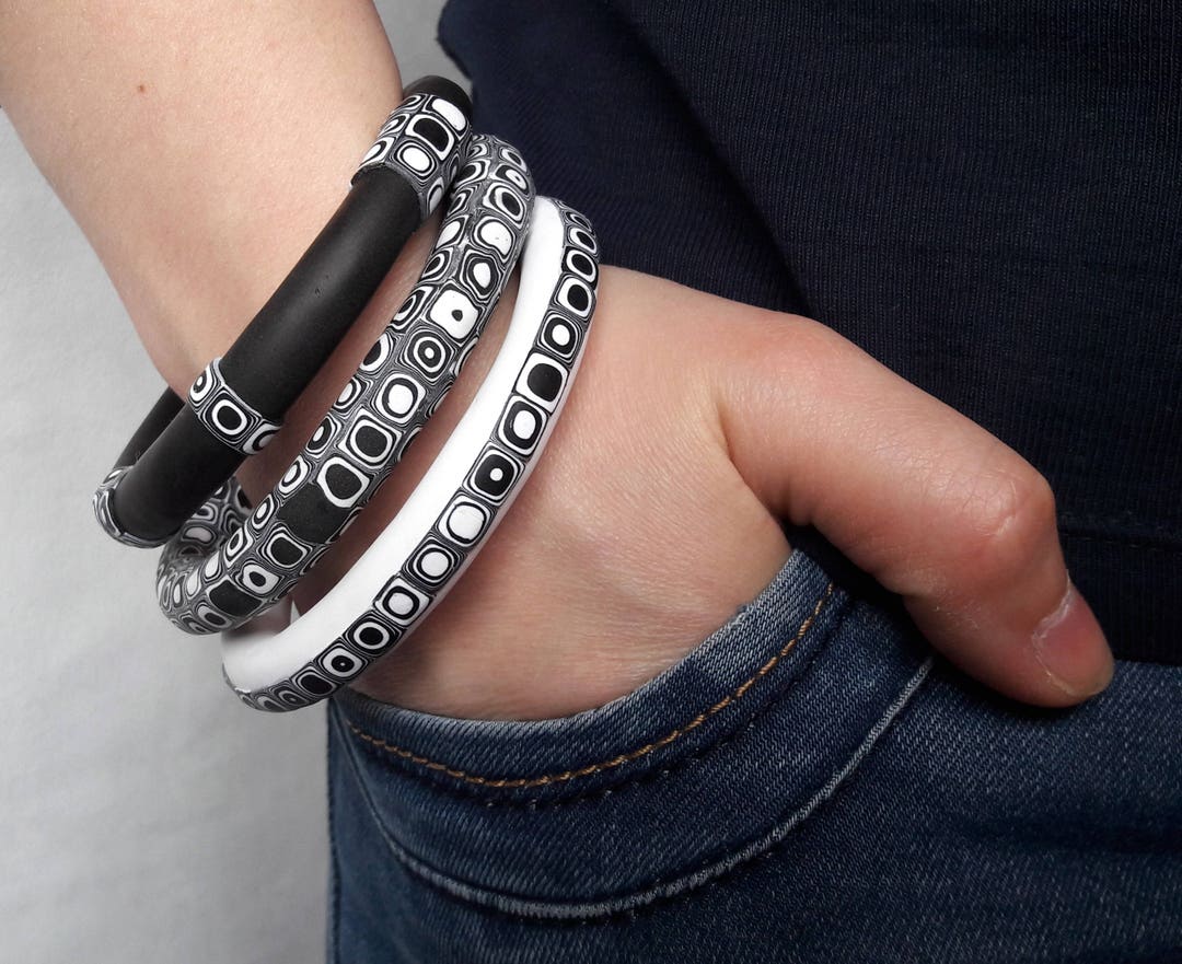 Black and White Bracelet Women Fashion Set Thin Bracelets Stacking ...