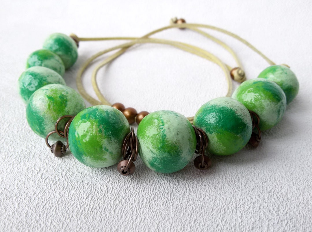 Green Chunky Beaded Necklace Woman Statement Jewelry Polymer Clay